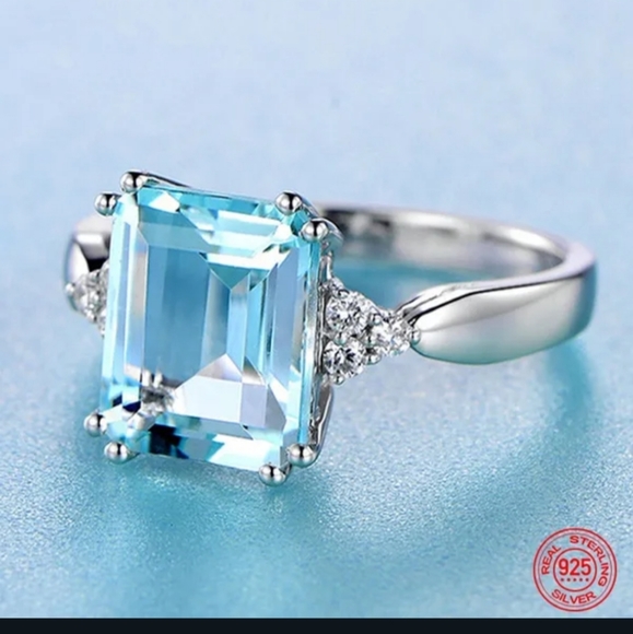 Jewelry | Newbeautiful Sea Blue Square Cz Stone Ring In 925 Sterling ...